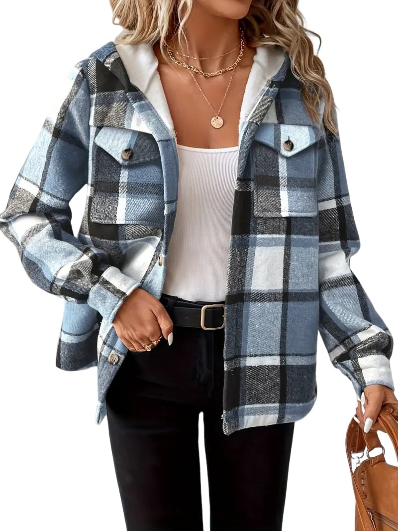 Female Plaid Shacket Jacket Long Sleeve Fleece Hooded Jackets Fall ...
