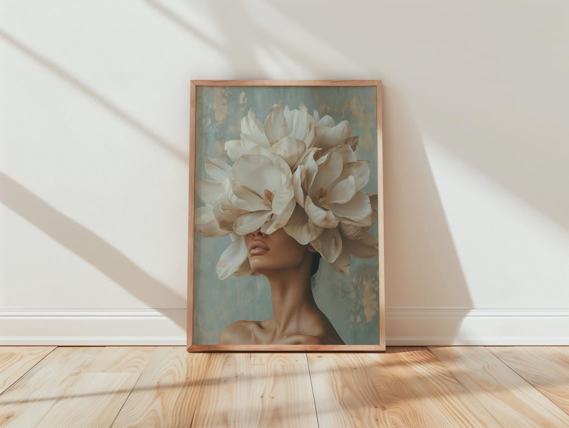 Female Portrait Flower Ivory White Blooms Muted Green Contemporary ...