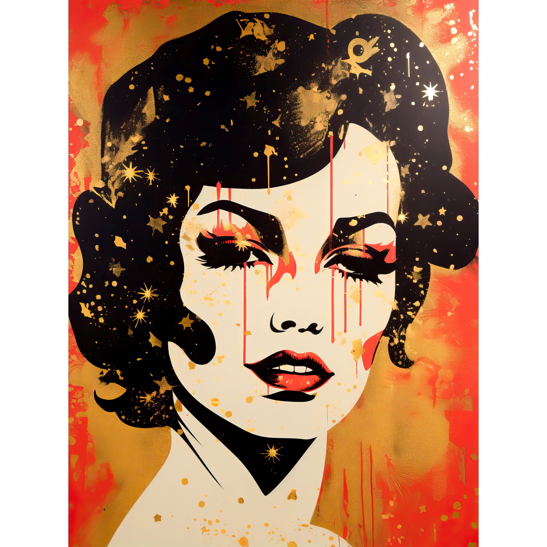 Female Portrait Retro Glam Rock Aesthetic Gold and Red Linocut Teen ...