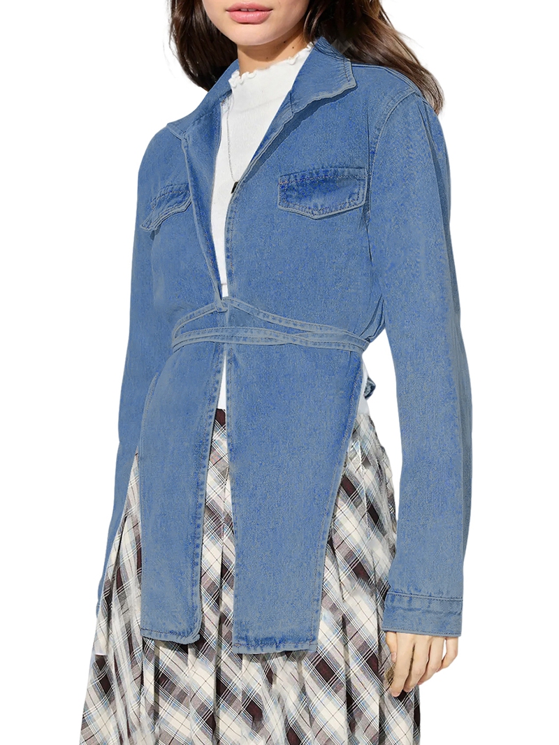 Female'S Fashion Lace Up Denim Jacket Long Sleeve Open Front Vintage ...