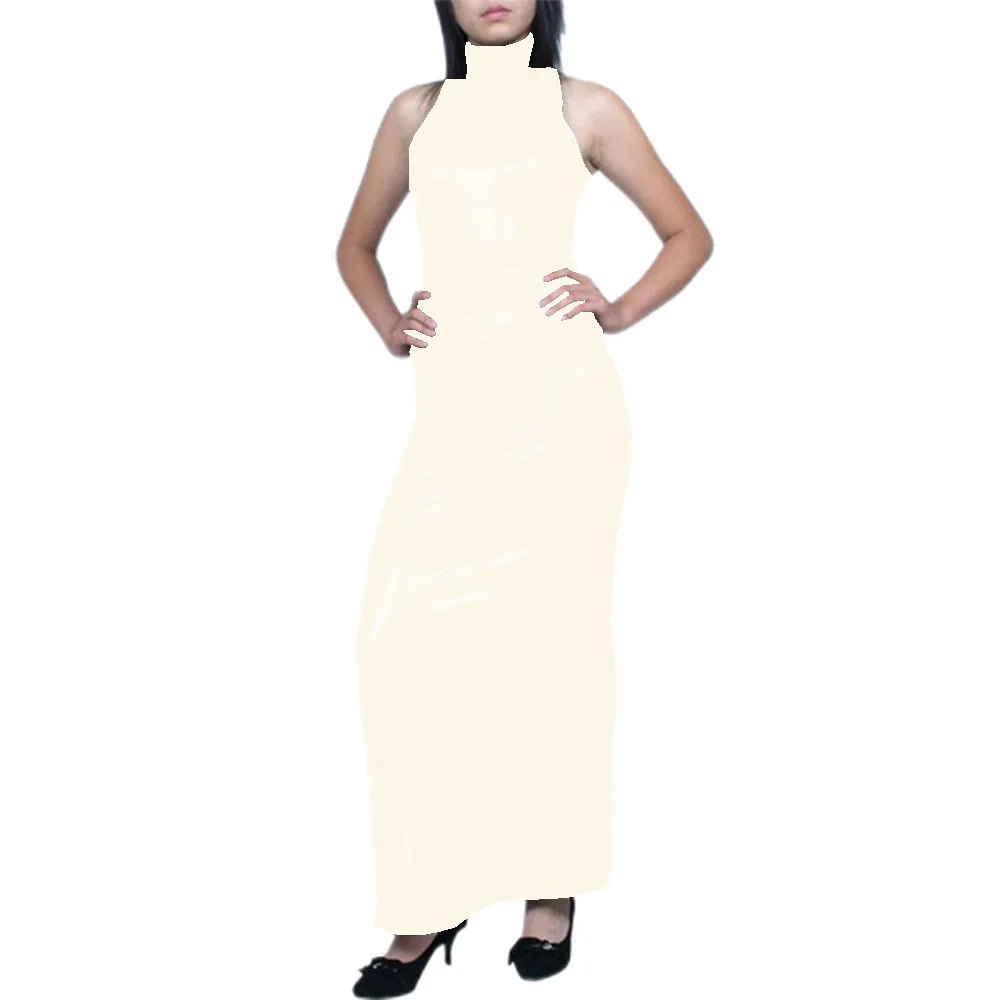 Female Sexy Slim Sleeveless PVC Shiny Long Dresses Party Turtleneck ...