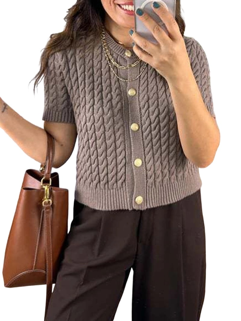 Female Short Sleeve Cardigan Cable Knit Cropped Button Down Crewneck ...