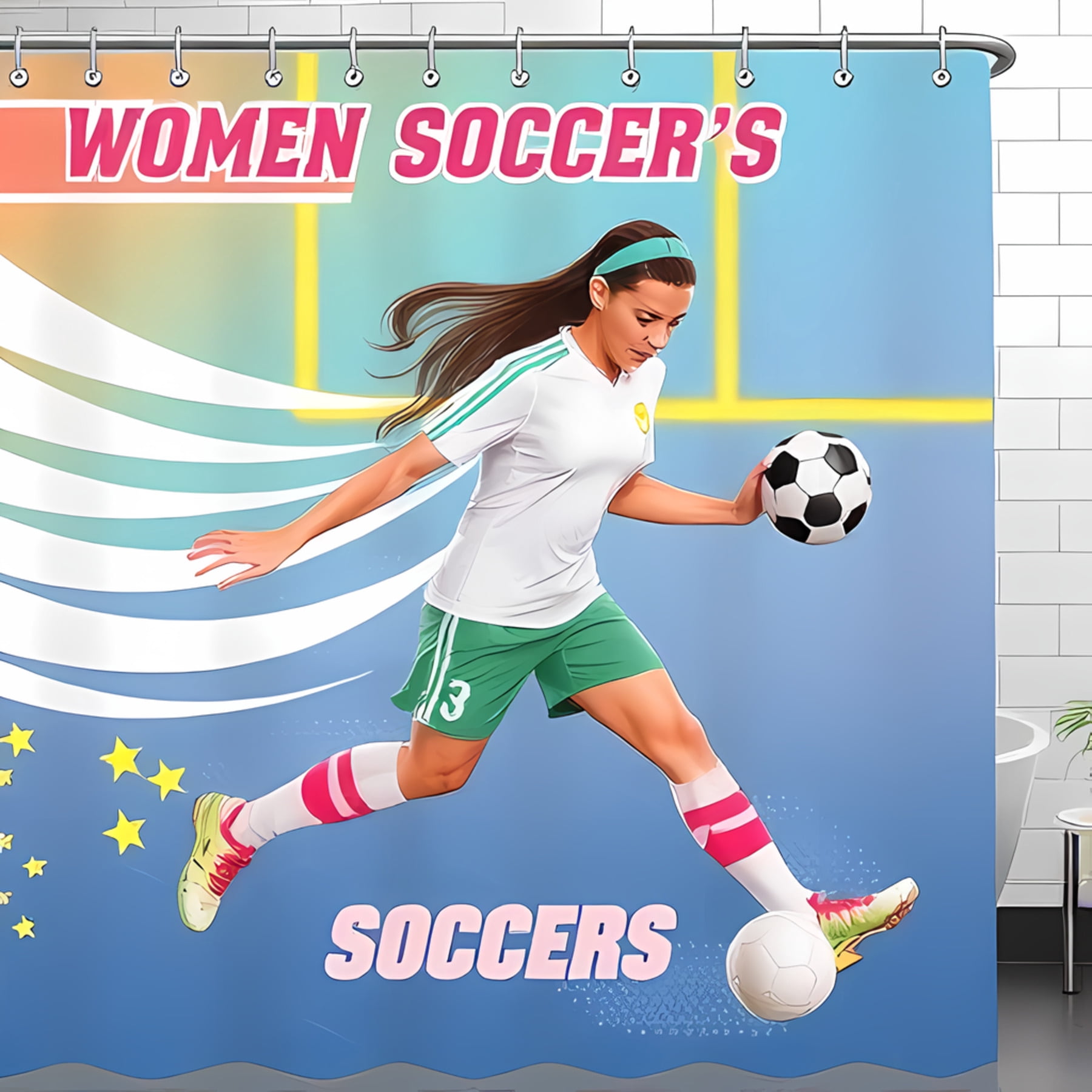 Female Soccer Player Shower Curtain - Vibrant Green & White Blue ...