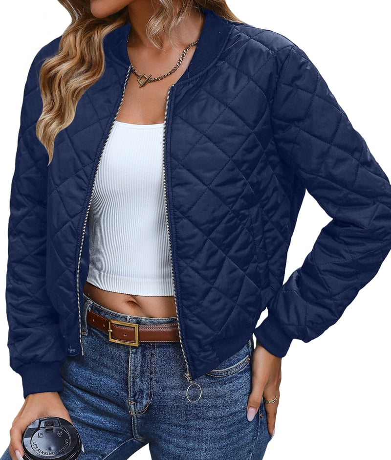 Female Stand Collar Quilted Puffer Jacket Padded Zip Coat Navy Blue L ...