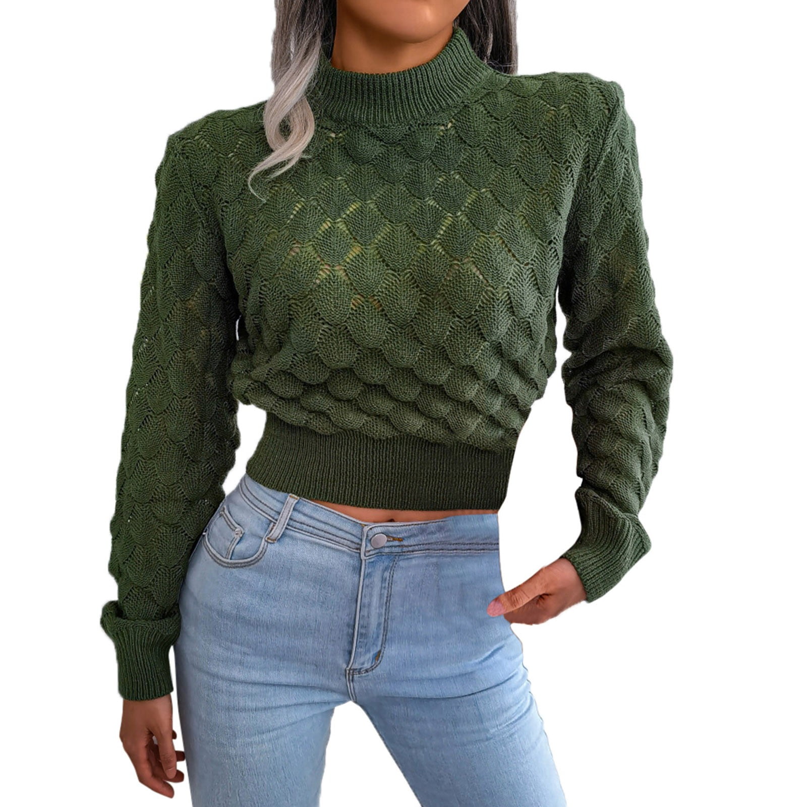 Female Sweater Autumn And Winter Neck Crop Long Sleeve Solid Color Knit ...