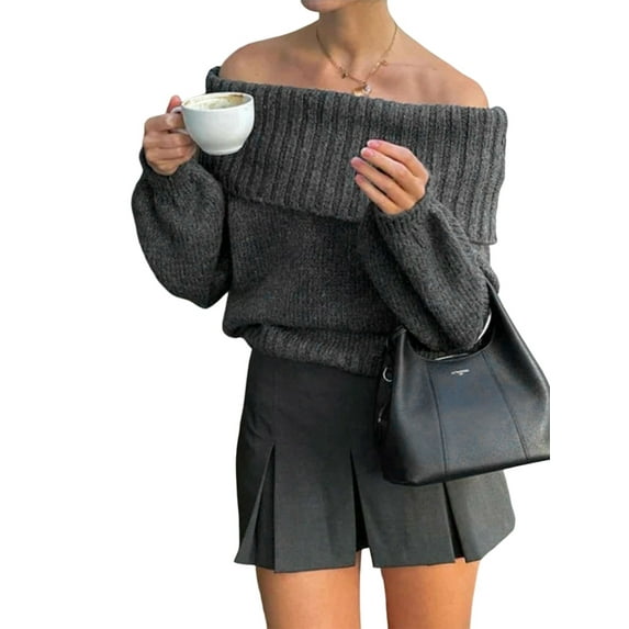 Female Sweaters Off the Shoulder Long Sleeve Cable Knit Sweater Loose ...