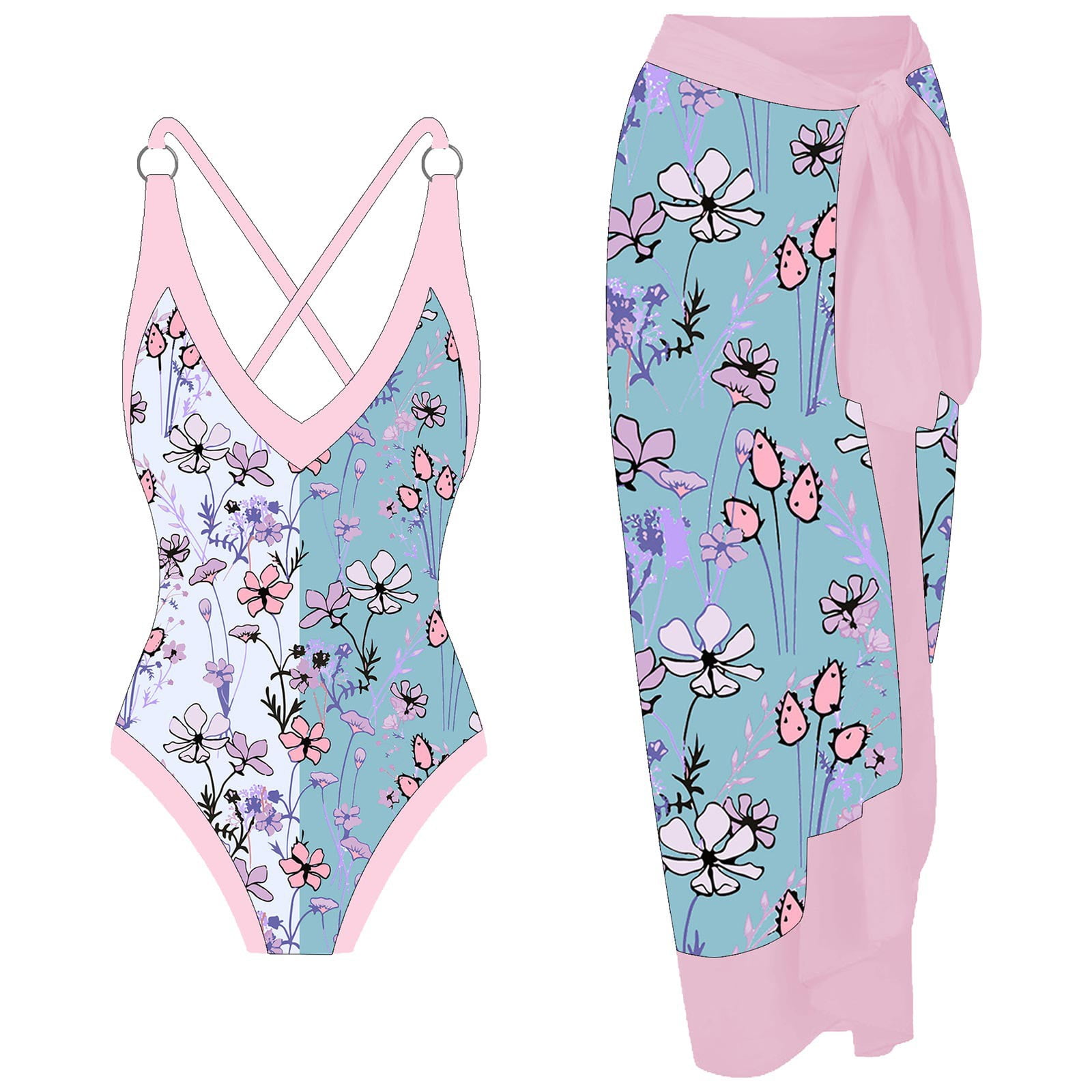 Female Swinsuit Floral Summer Beach Outfits Swiming Two Pieces Set