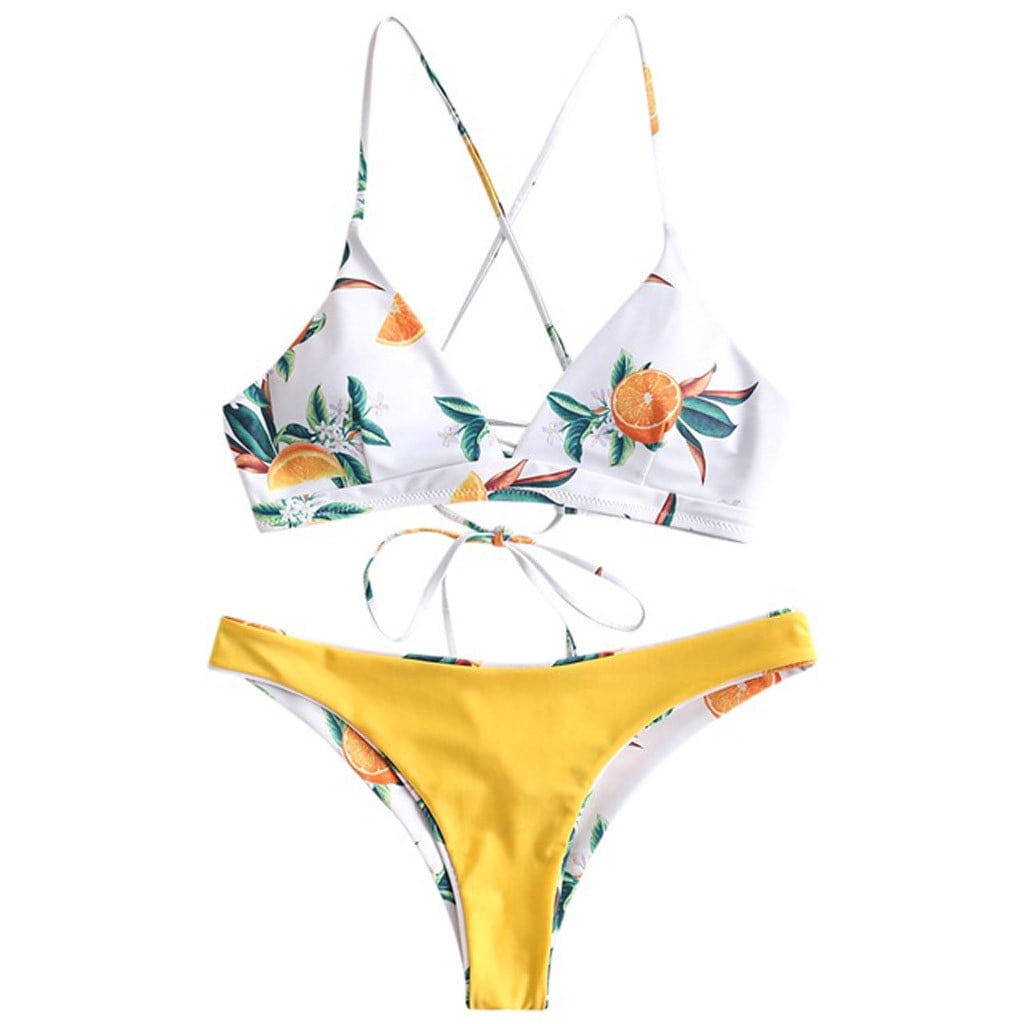 Female Swinsuit Print Summer Beach Outfits Vacation Two Pieces Set Lady