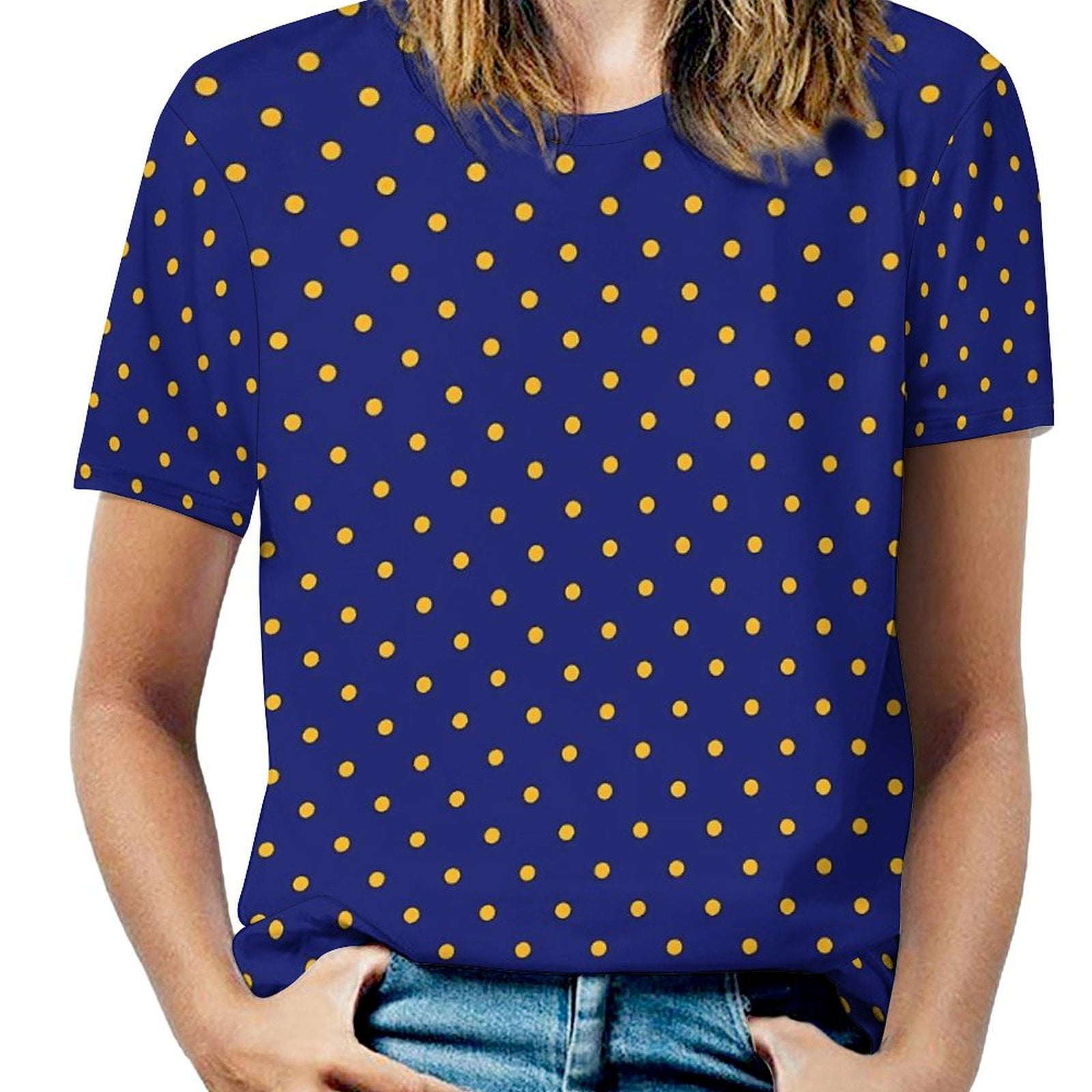 Female T-Shirt Gold Dot Print O Neck T-Shirts Short Sleeves Polka Dots ...