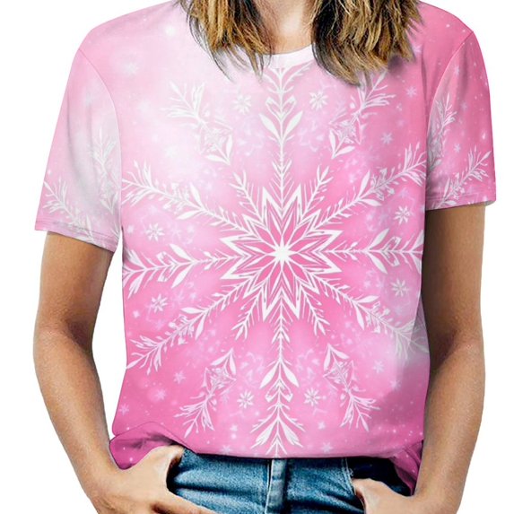 Female T-Shirt Pink Snowflake Background O Neck T-Shirts Short Sleeves ...