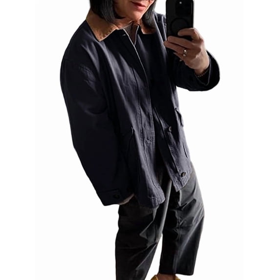 Female Trendy Jackets Fall Contrast Collar Zip Up Cotton Oversized ...