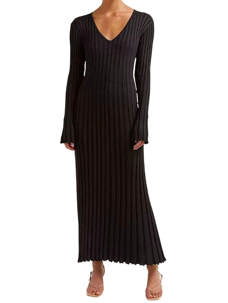 Female V Neck Long Sleeve Fishtail Sweater Dress Ribbed Knit Slim Fit ...