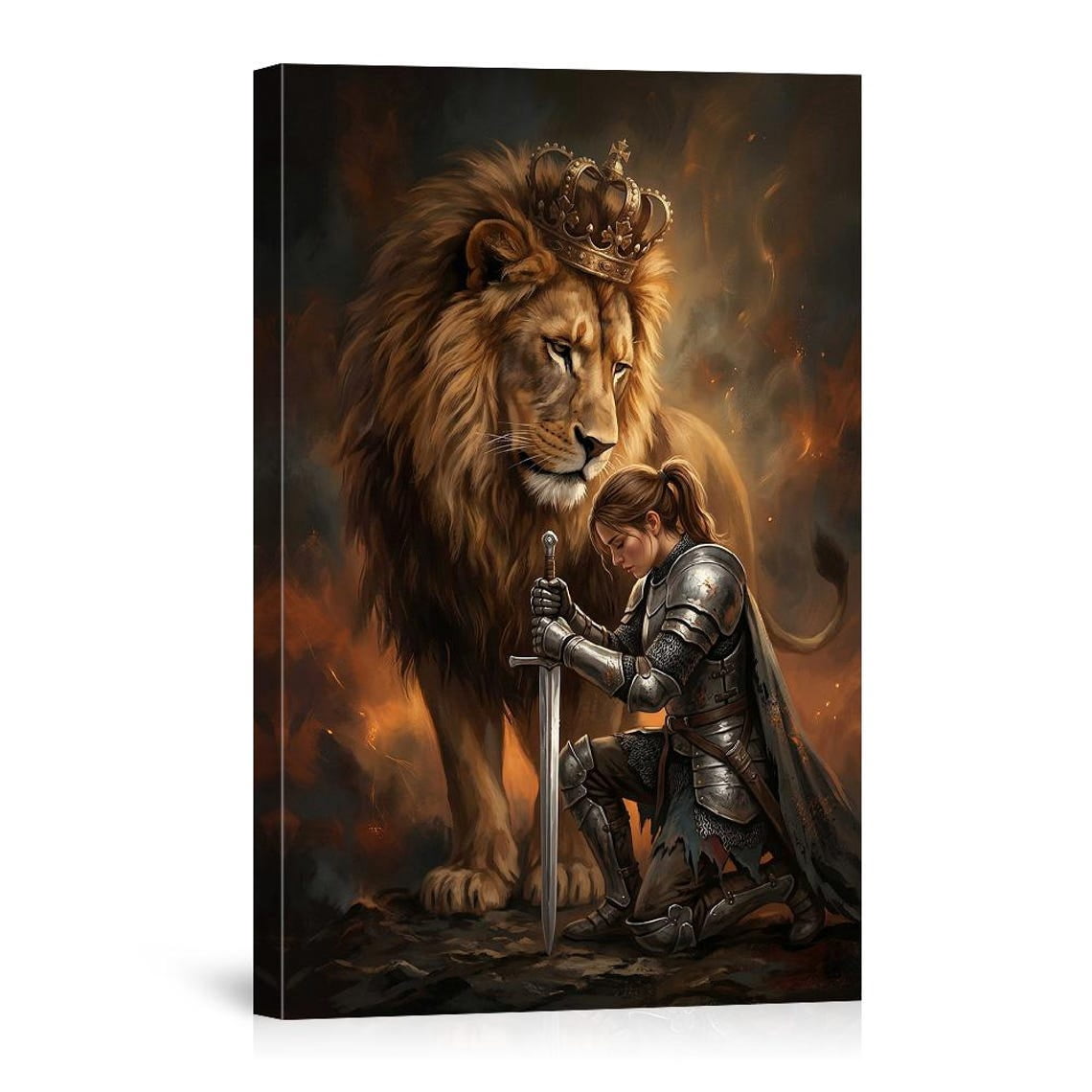 Female Warrior Of God Kneeling With Crowned Lion Christian ...