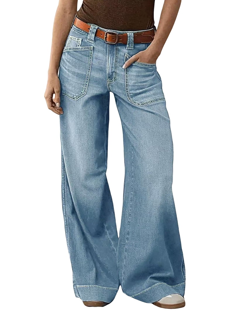 Womens Wide Straight Leg Mid Rise Baggy Pocket Denim Jeans Without Belt ...