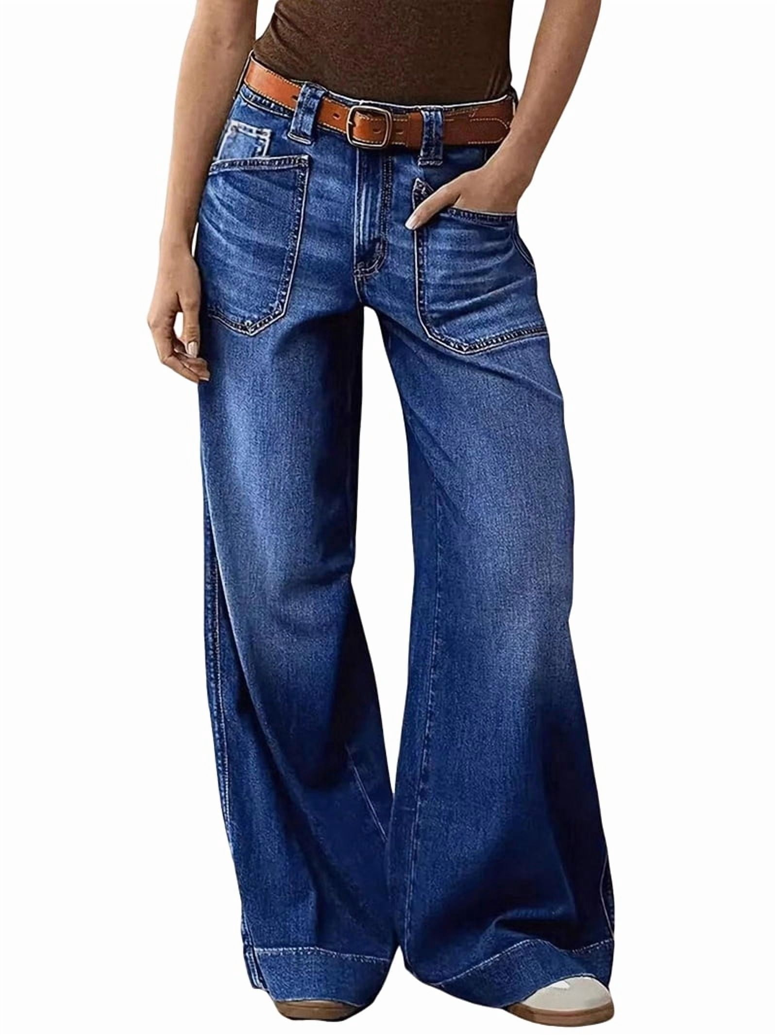 Womens Wide Straight Leg Mid Rise Baggy Pocket Denim Jeans Without Belt ...