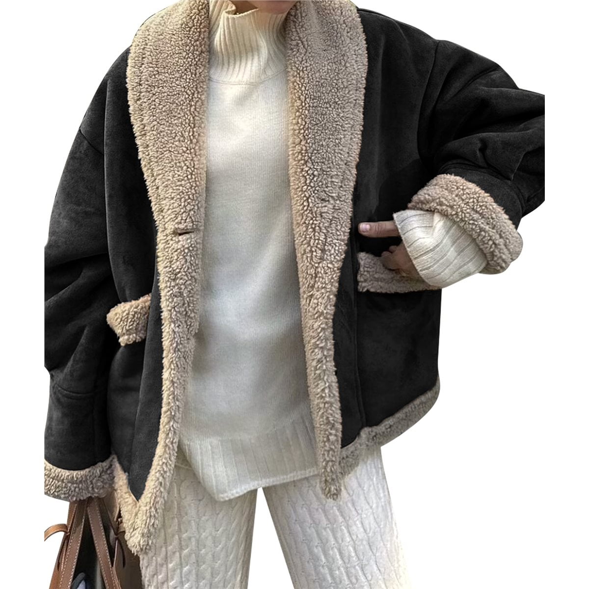 Female Winter Casual Faux Suede Leather Jacket Button Down Fuzzy ...