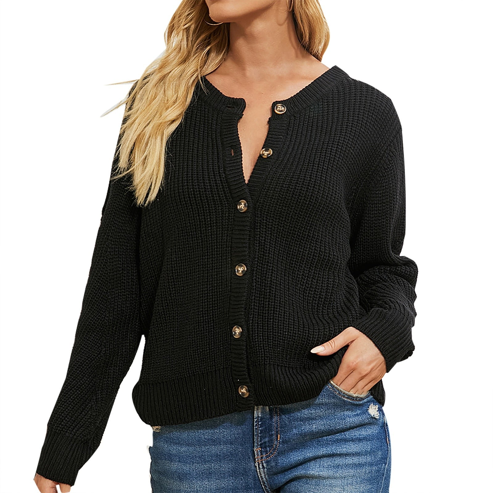 Female Winter Stylish Long Sleeve Solid Color Cardigan Knitted Loose ...