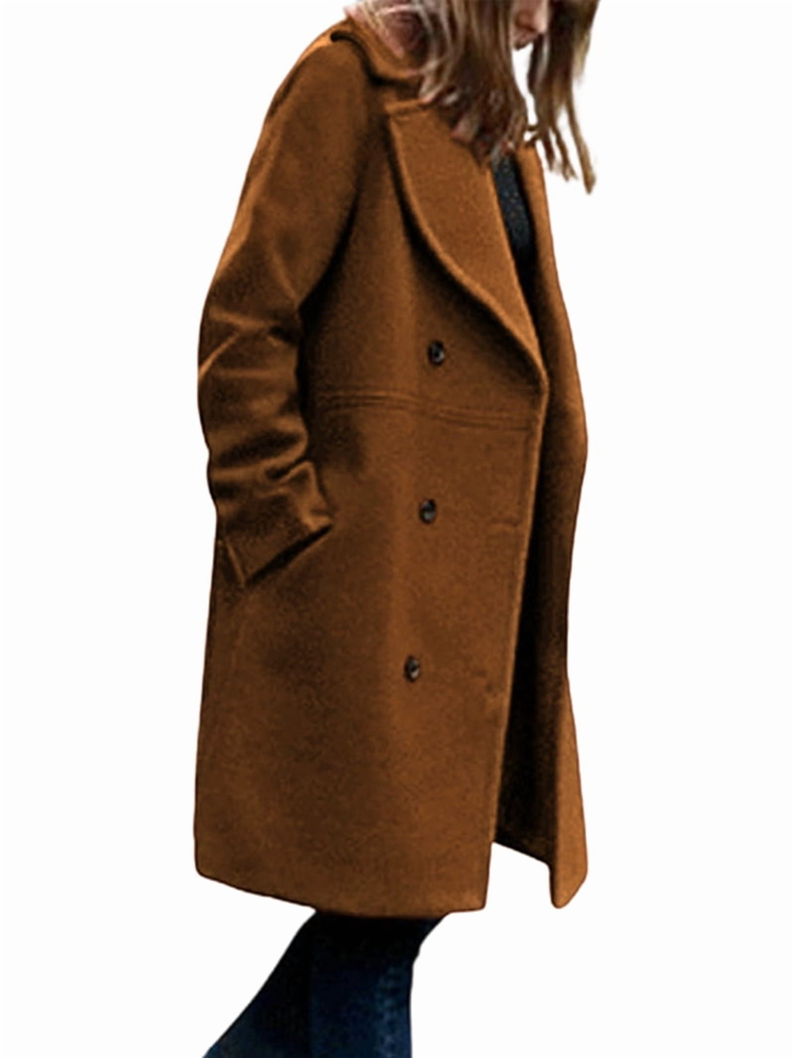 Female Wool Blend Double Breasted Pea Coat Notched Lapel Mid Long ...