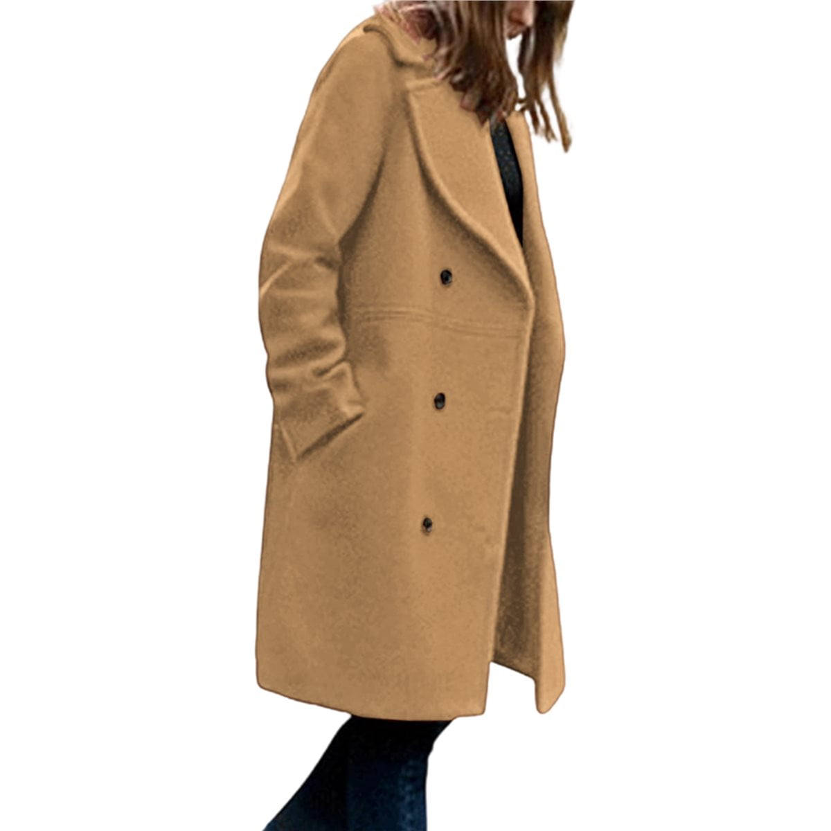 Female Wool Blend Double Breasted Pea Coat Notched Lapel Mid Long ...