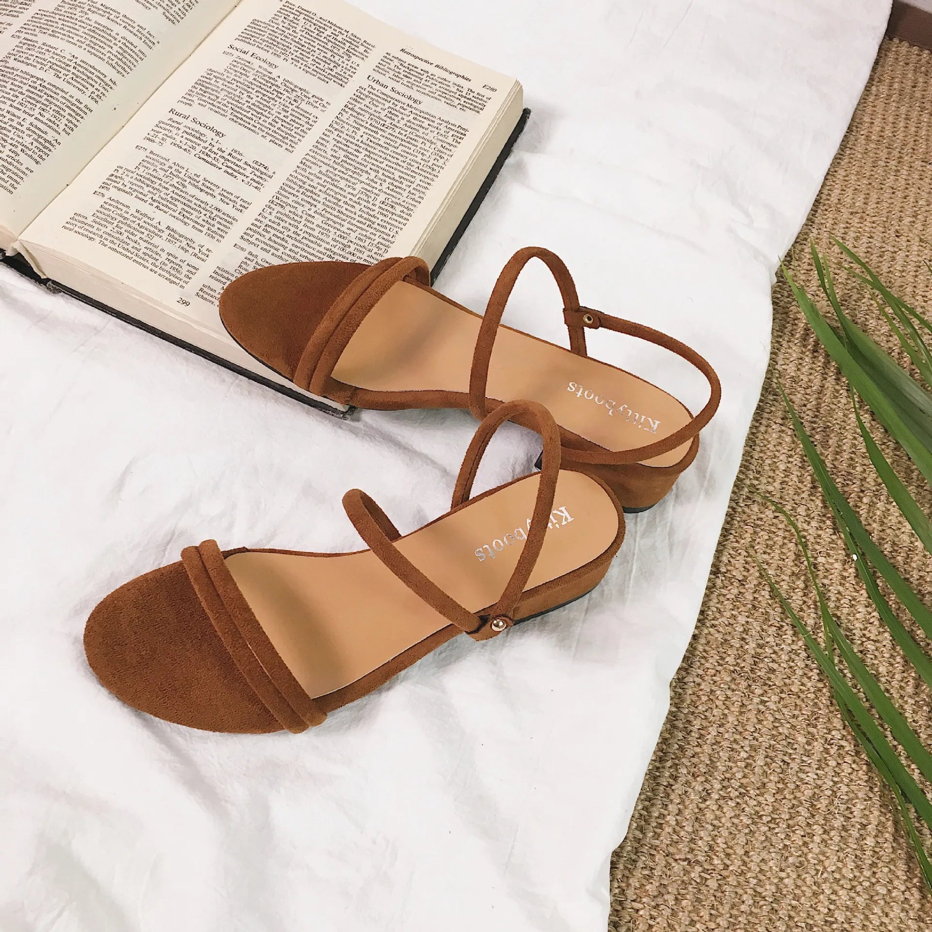 Female sandals open-toed wild sandals thick with suede med heels two ...