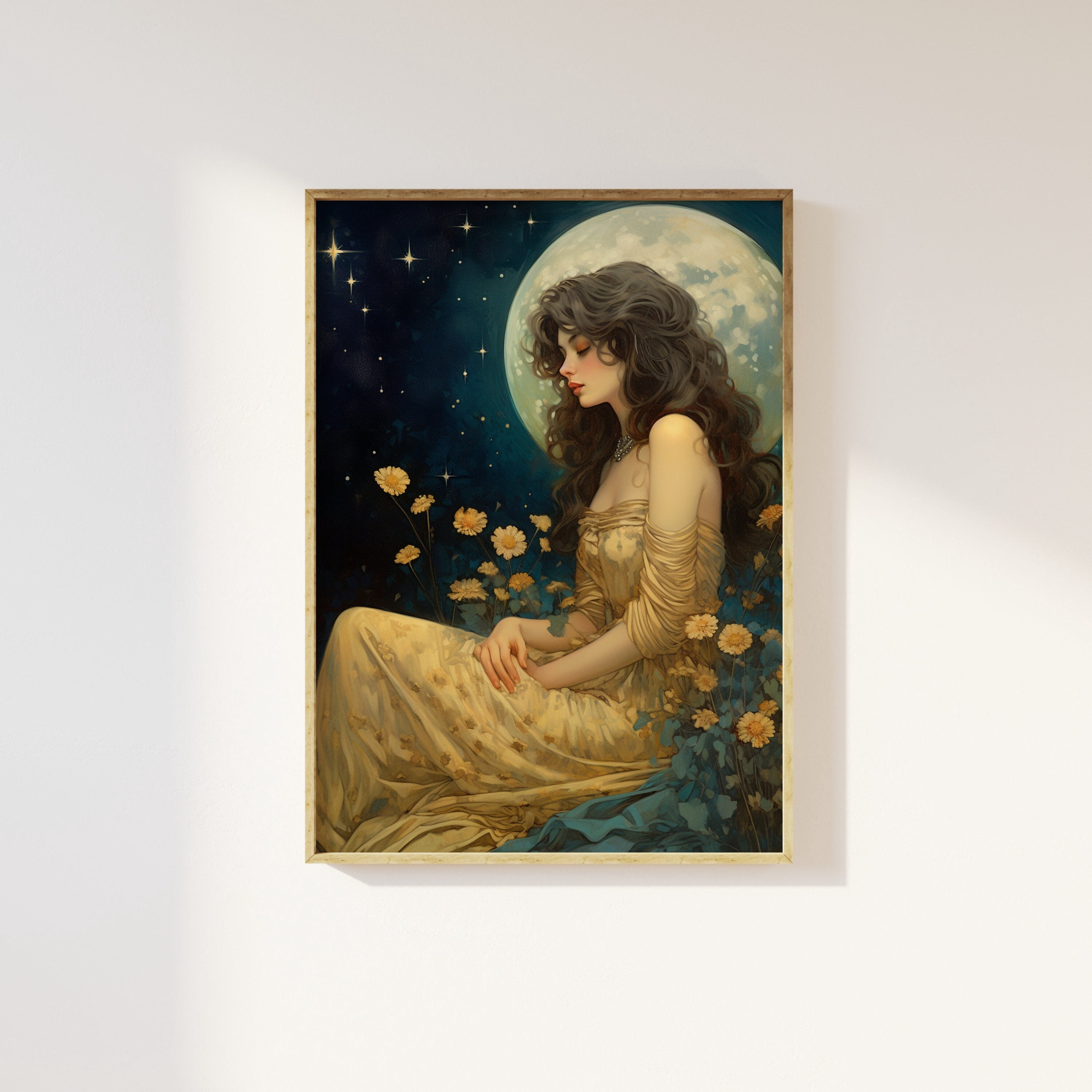Female under beautiful full moon vintage style art print | Mystical ...