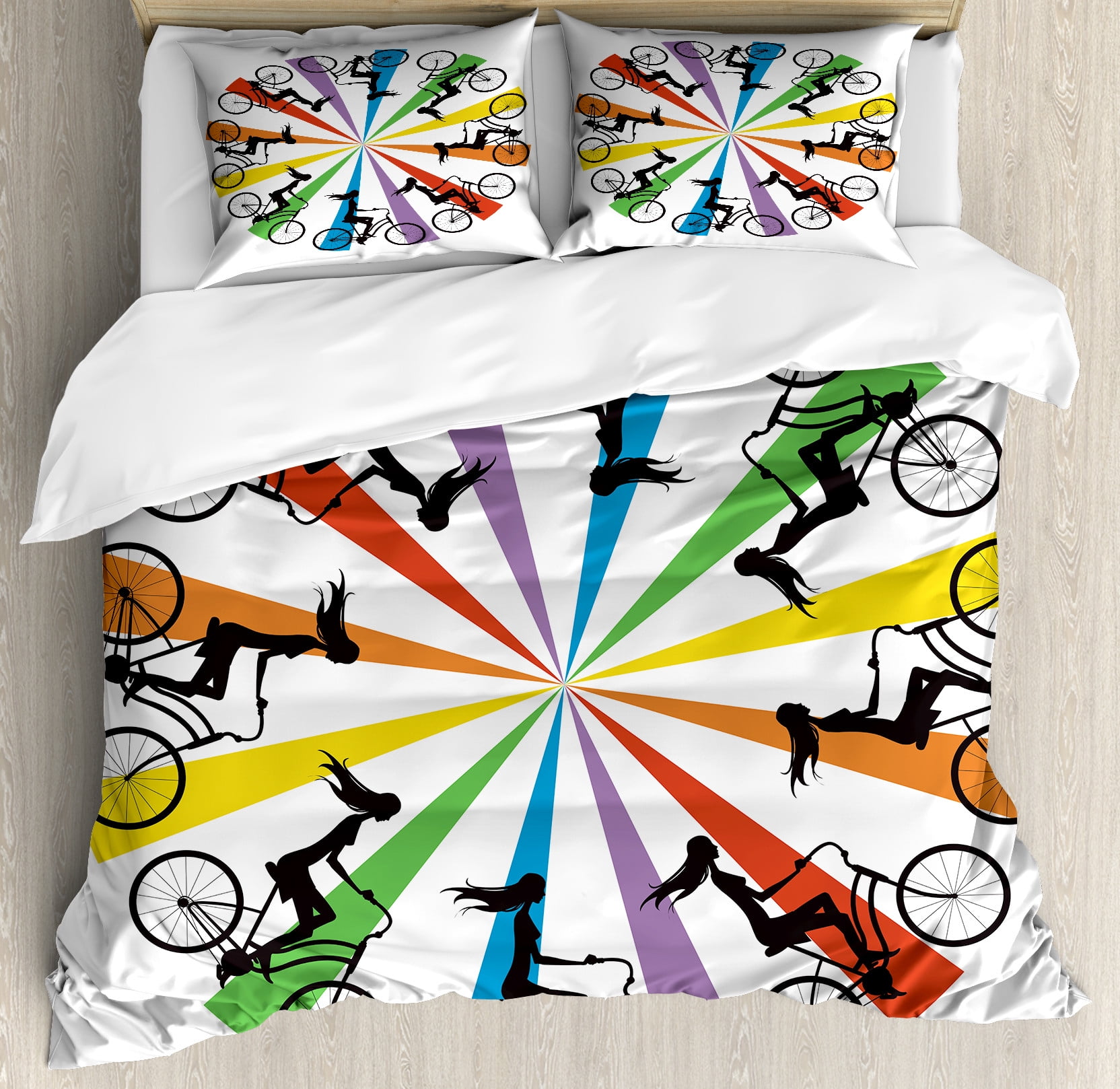 Feminine Duvet Cover Set, Abstract Silhouette Girls on Bike Colorful ...