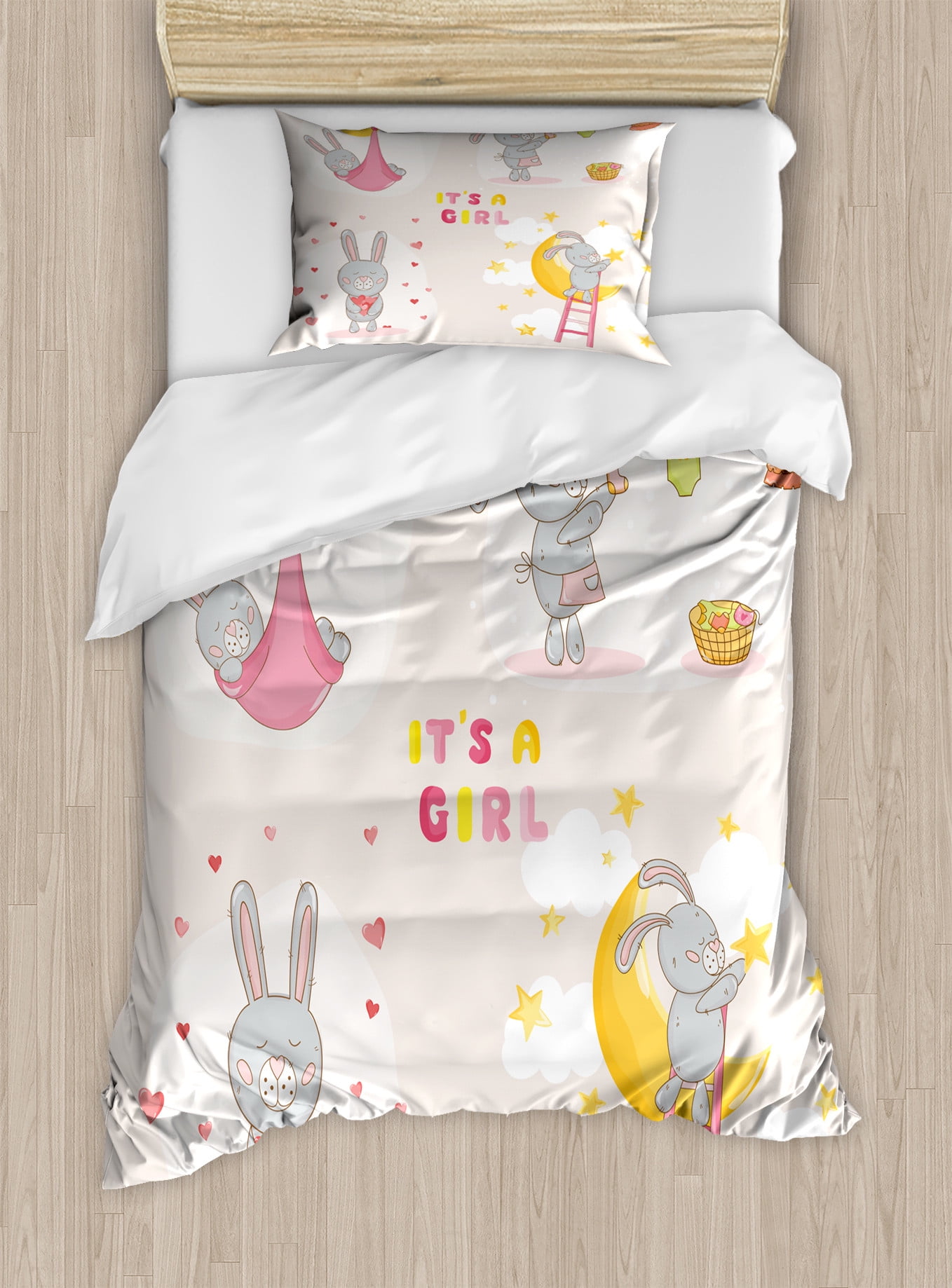 Feminine Duvet Cover Set, Bunny Rabbit Sleeping Doing Laundry Picking ...