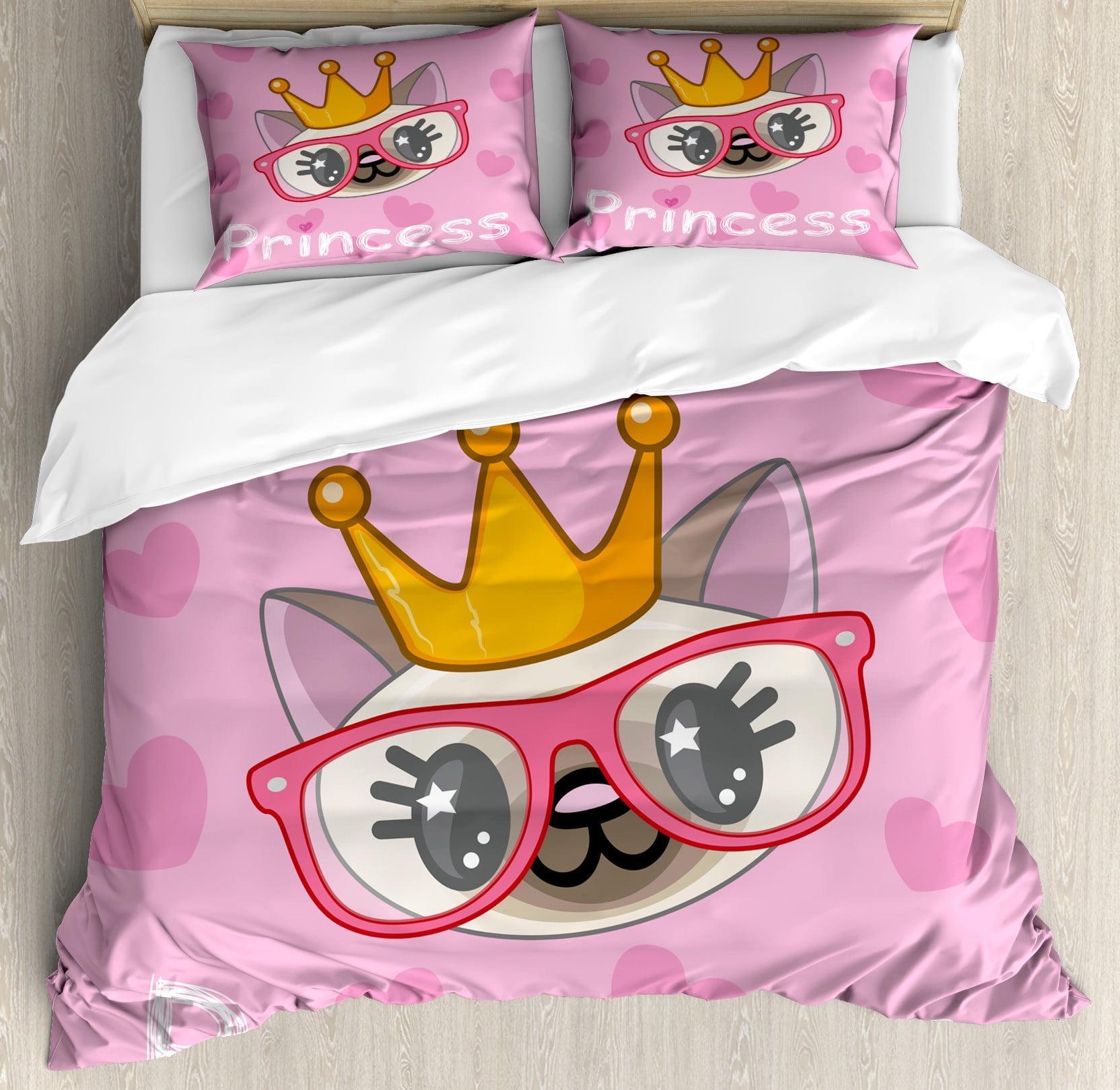 Feminine Duvet Cover Set, Smiling Happy Cartoon Cat Wearing Big Glasses ...