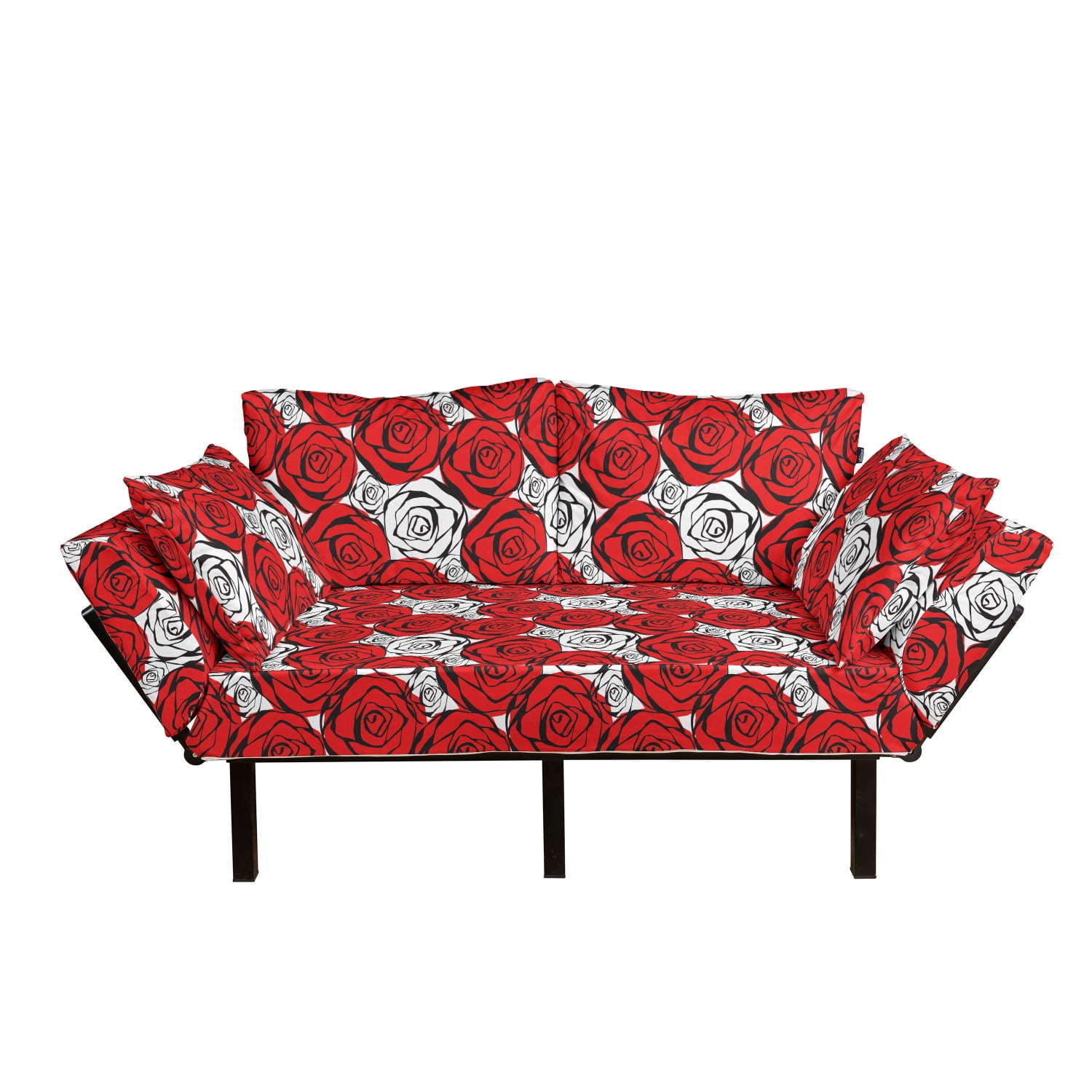 Feminine Futon Couch, Roses with Black Contours in Retro Style Feminine ...