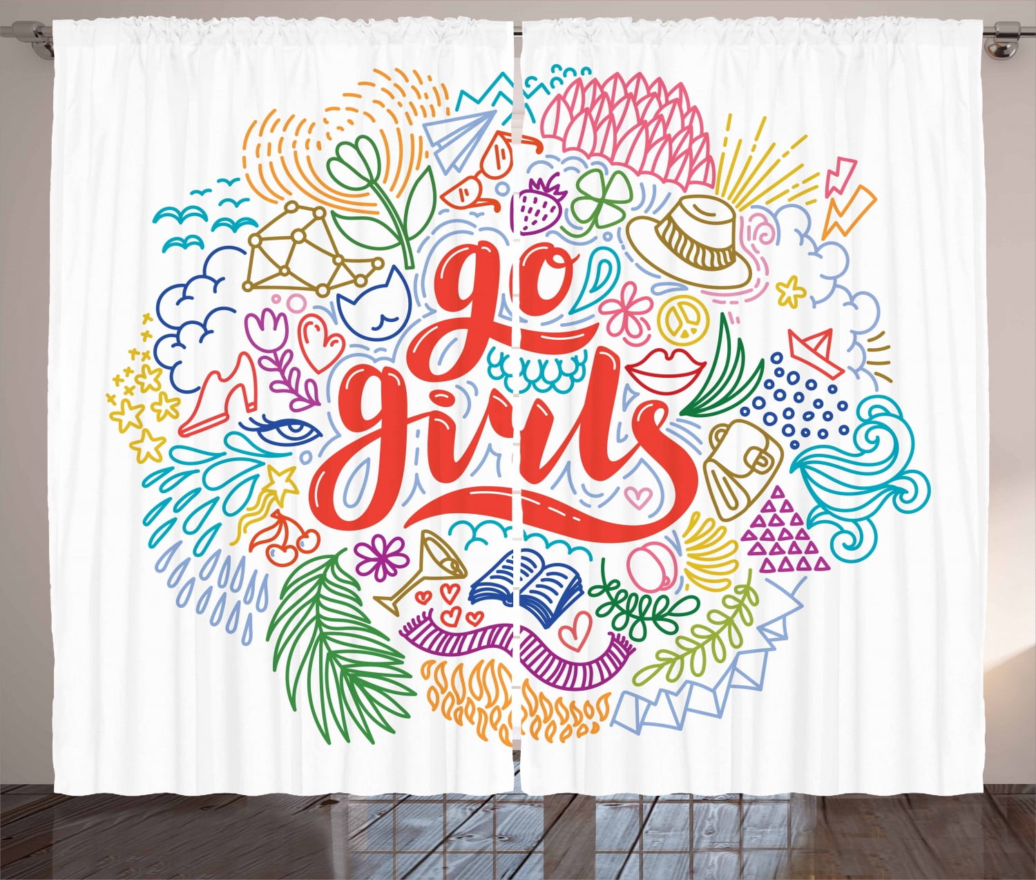 Feminist Curtains 2 Panels Set, Go Girls Hand-Drawn Lettering with ...