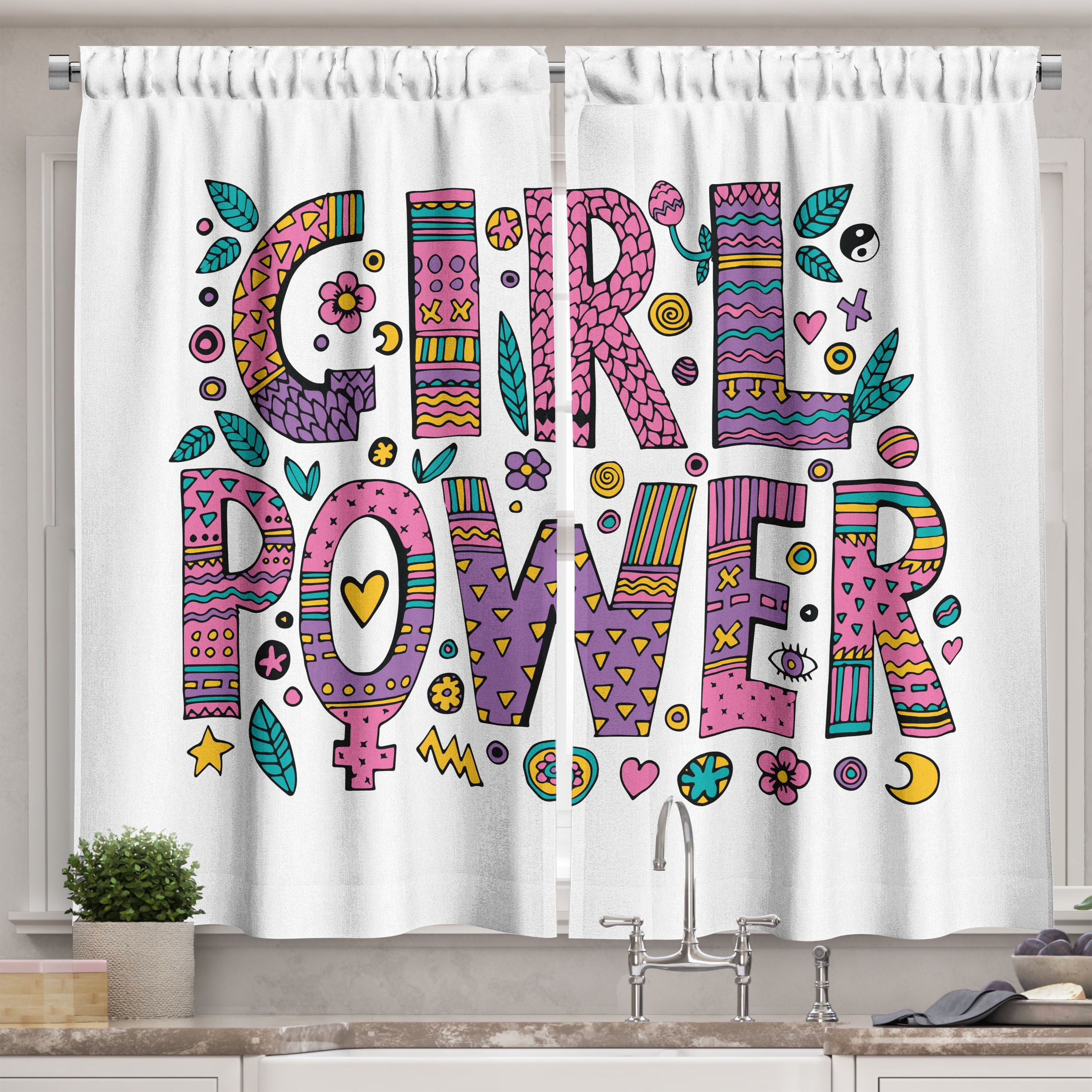 Feminist Curtains 2 Panels Set, Hippie Boho Girl Power Lettering with ...