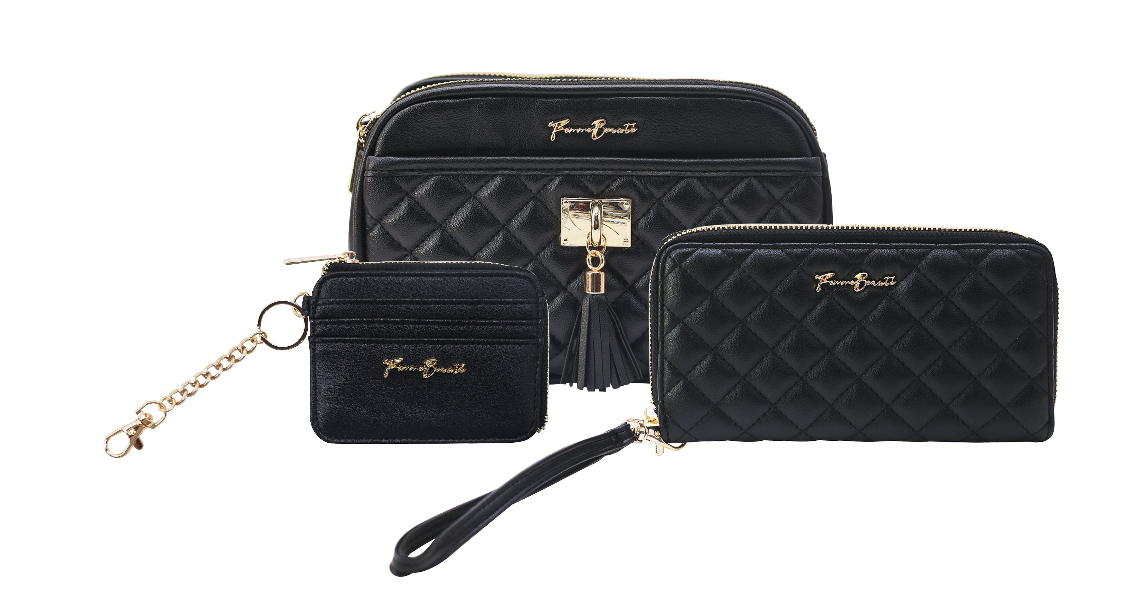 Femme Beaute - Quilted Black Handbag Set with Gold Hardware - Crossbody ...