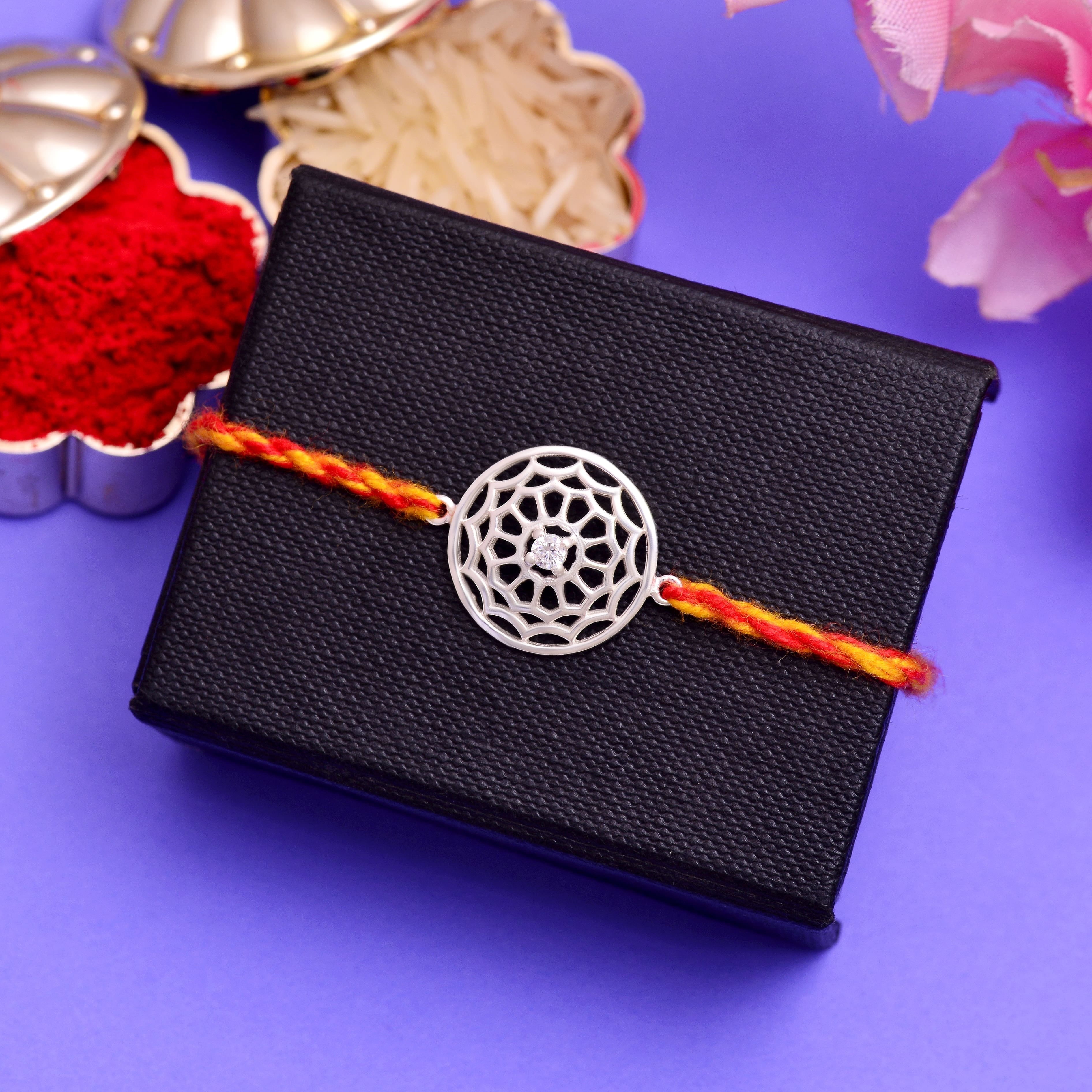 Femme Jam 925 Sterling Silver Zirconia Crystals Rakhi for Rakshabandhan Thread Rakhi for Brother ...