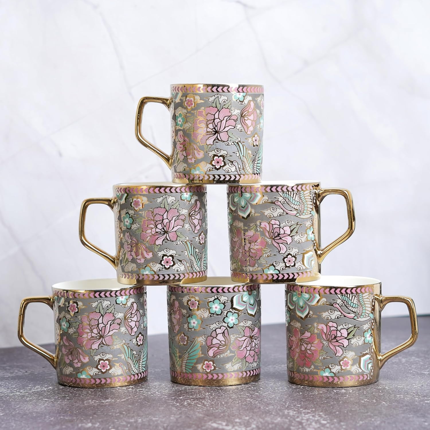 Femora Pink Blue Floral Blossom Grey Moss Ceramic Tea and Coffee Mugs 180 ml Golden 6 Pcs Set ...