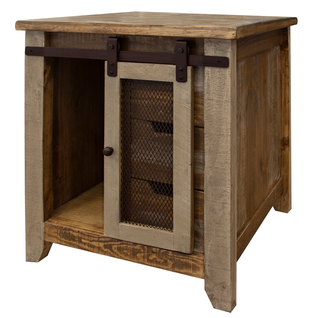 Fena 26 Inch 3 Drawer End Table 1 Mesh Barn Door Multicolor Pine Wood ...