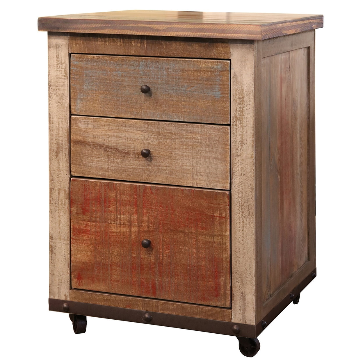 Fena 31 Inch 3 Drawer File Cabinet Caster Wheels Multicolor Pine Wood ...