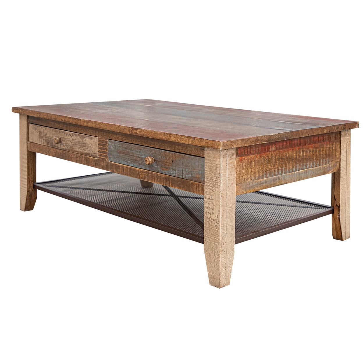 Fena 50 Inch 4 Drawer Coffee Table, Iron Mesh Shelf, Multicolor Pine ...