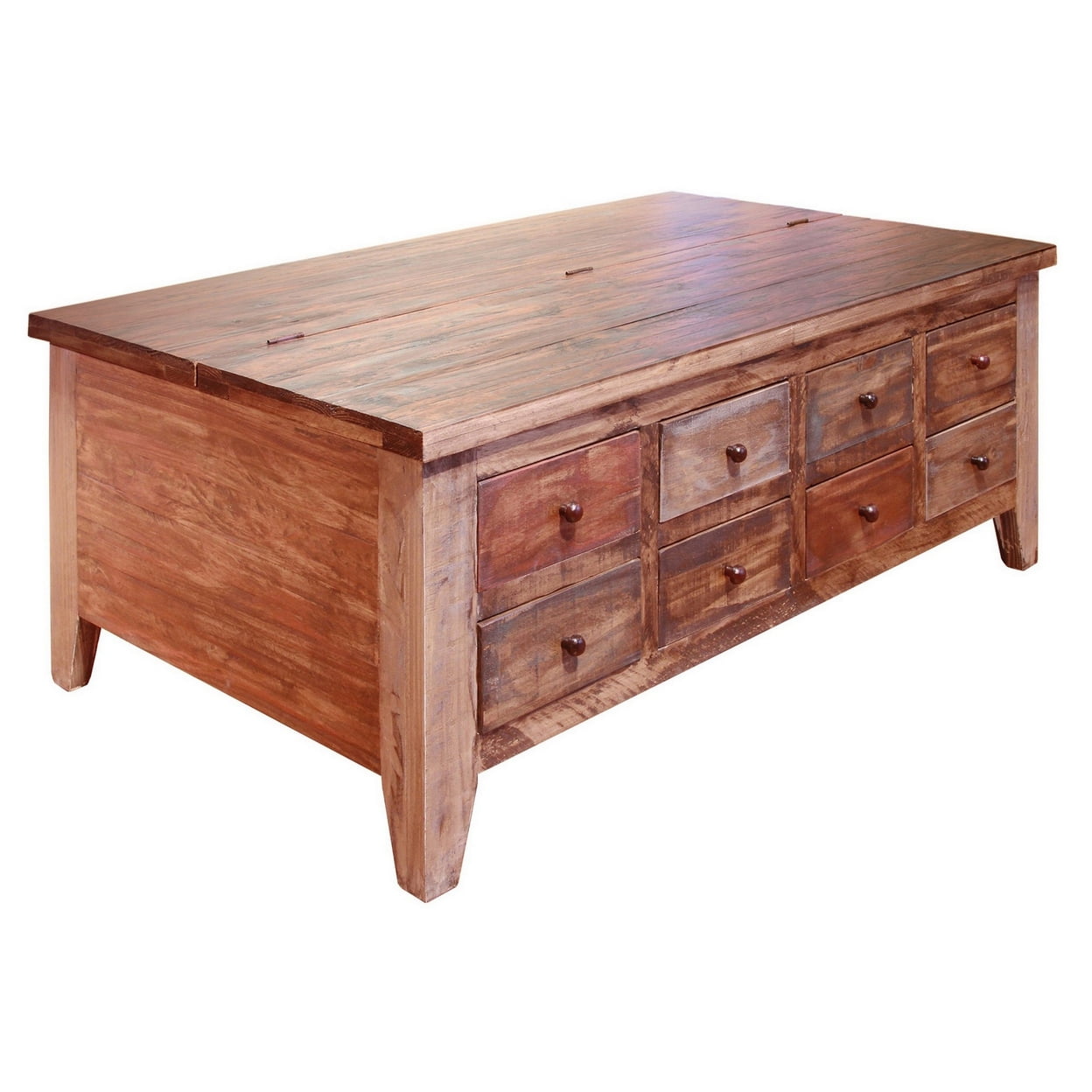 Fena 50 Inch 8 Drawer Coffee Table Lift Top Multicolor Distress Pine ...