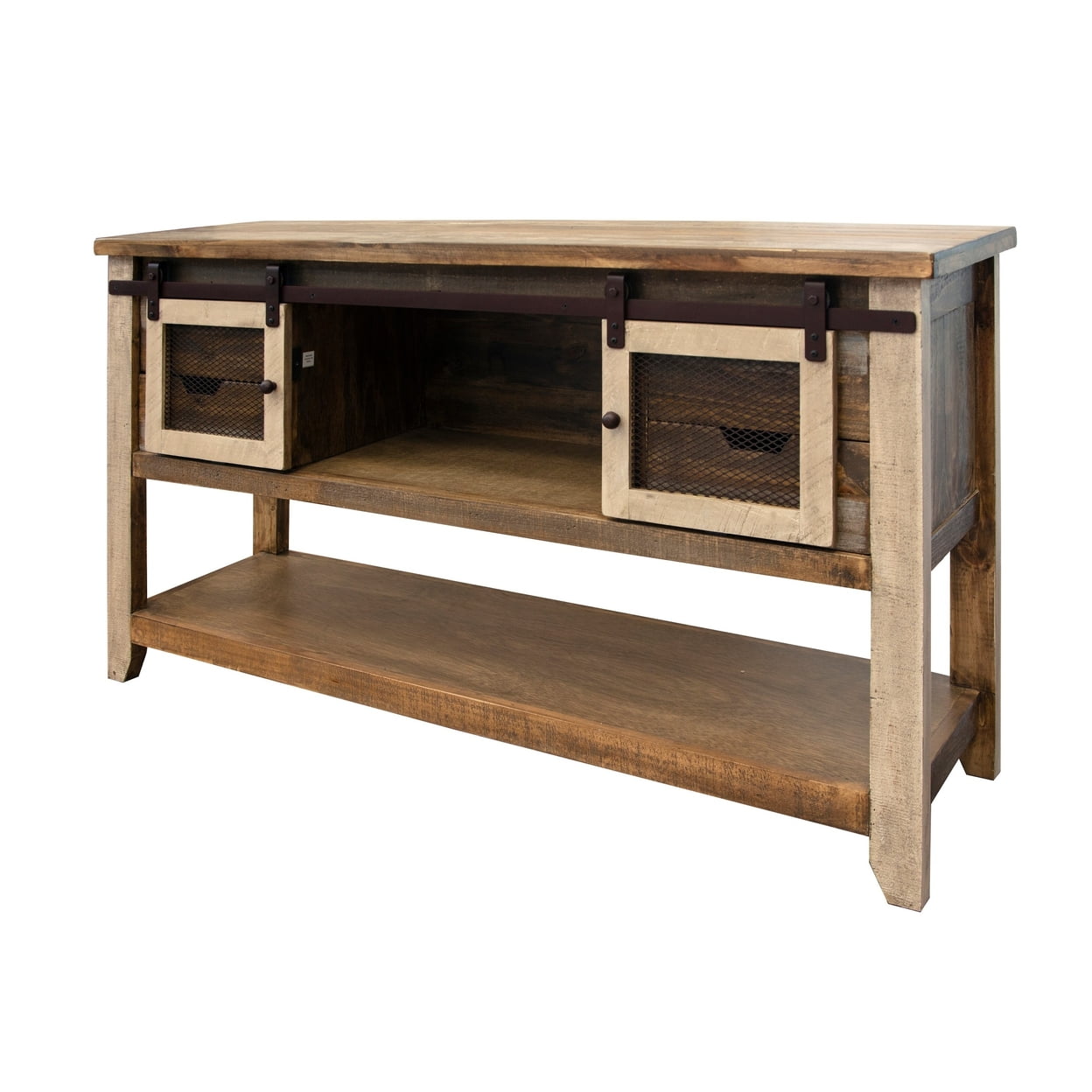 Fena 55 Inch 4 Drawer Sofa Table, 2 Barn Doors, Shelf, Multicolor Pine ...