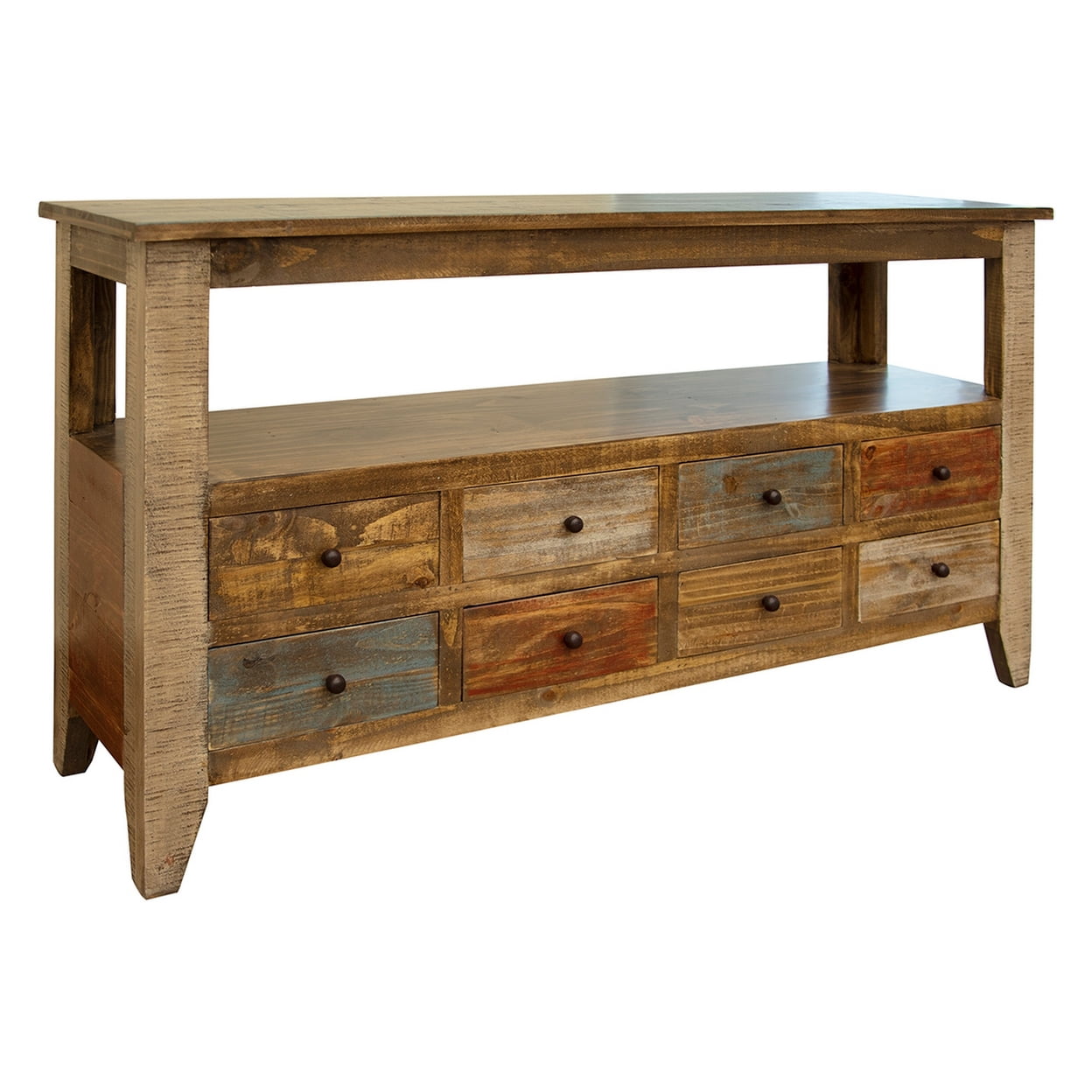 Fena 55 Inch 8 Drawer Sofa Table, Open Shelf, Multicolor Distress Pine ...