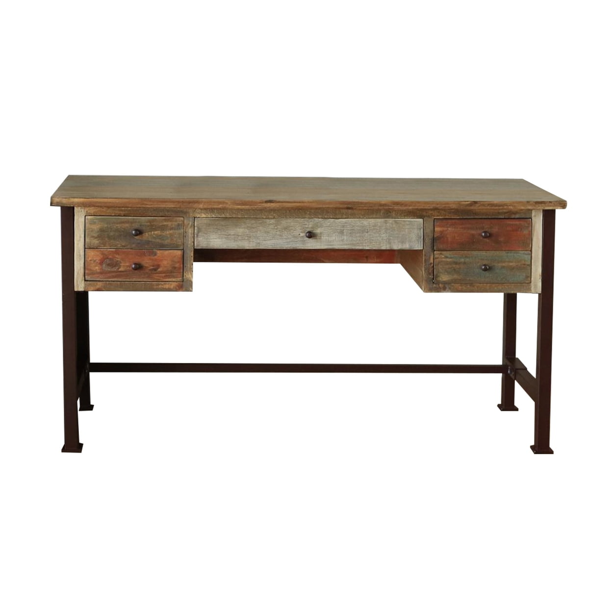 Fena 61 Inch 5 Drawer Office Desk Iron Base Multicolor Distress Pine ...