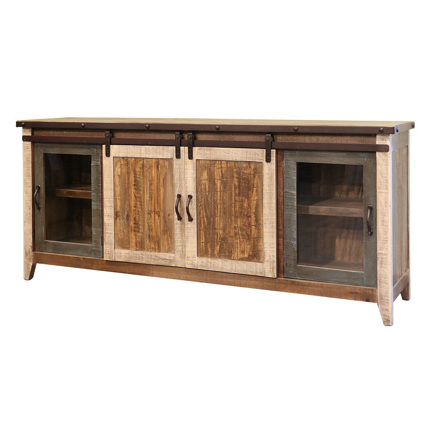 Fena 79 Inch TV Media Cabinet Console, Barn Doors, Multicolor Pine Wood ...