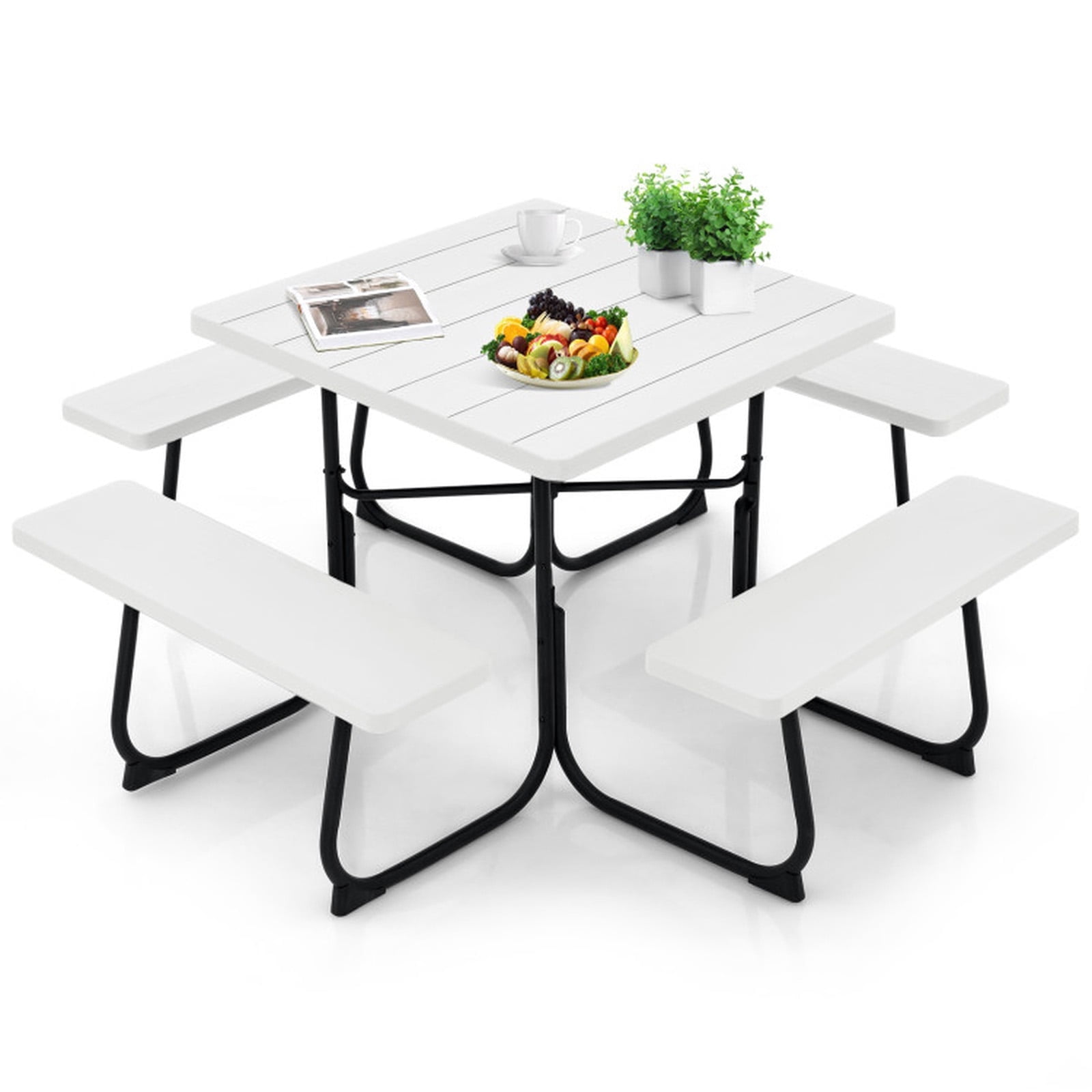 Fenbeli 8-Person Square Picnic Table & Bench Set with Umbrella Hole ...