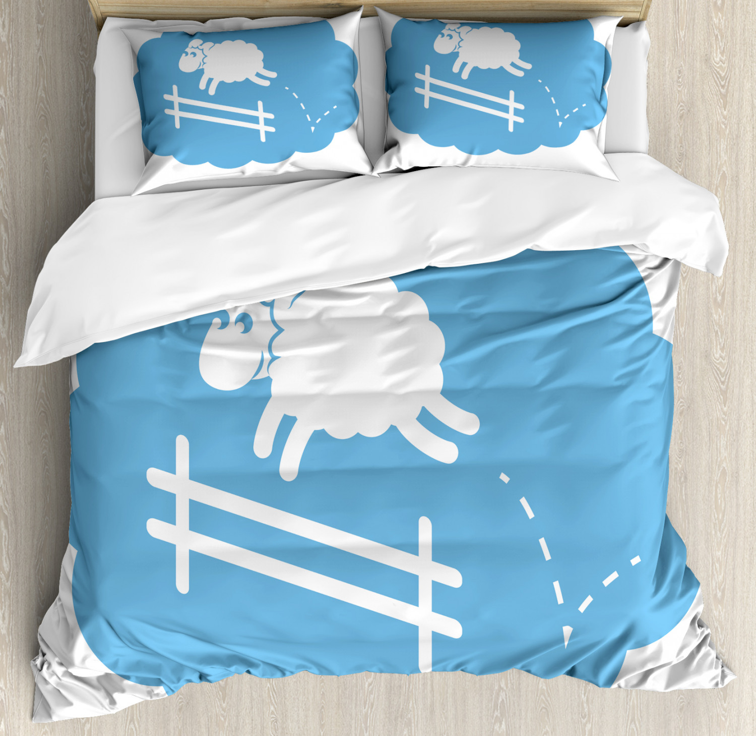 Fence Duvet Cover Set King Size, Sheep Jumping over a Fence in Cloud ...