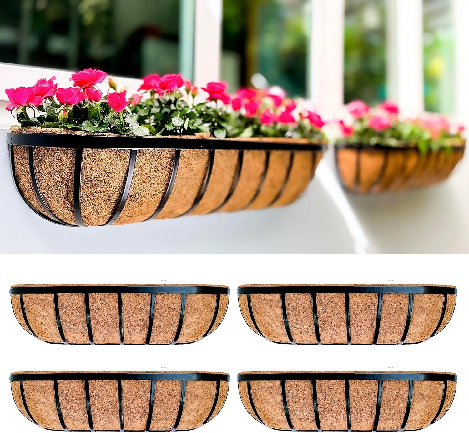 Fence Planters for Outdoor Plants (4 Pack, 24 Inch) Black Metal Window ...