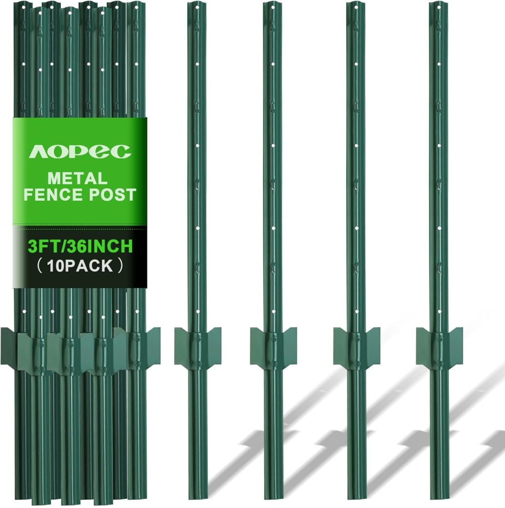 Fence Post 3 Feet / 36 Inch, Pack of 10, Heavy Duty Metal Fence Posts, No Dig U Post with U ...