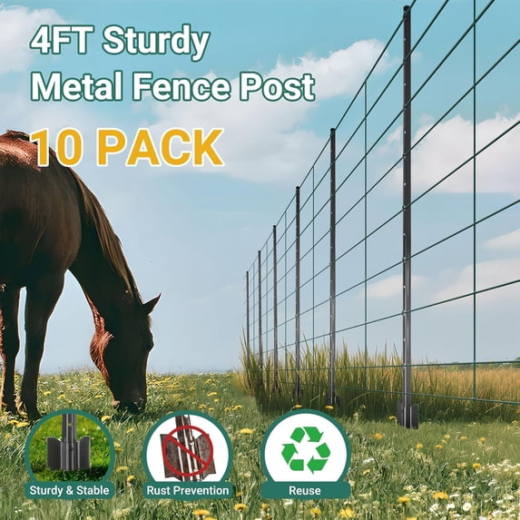 Fence Post 4 FT - 10 Packs, Metal Heavy Duty U Posts, Powder-Coated for ...