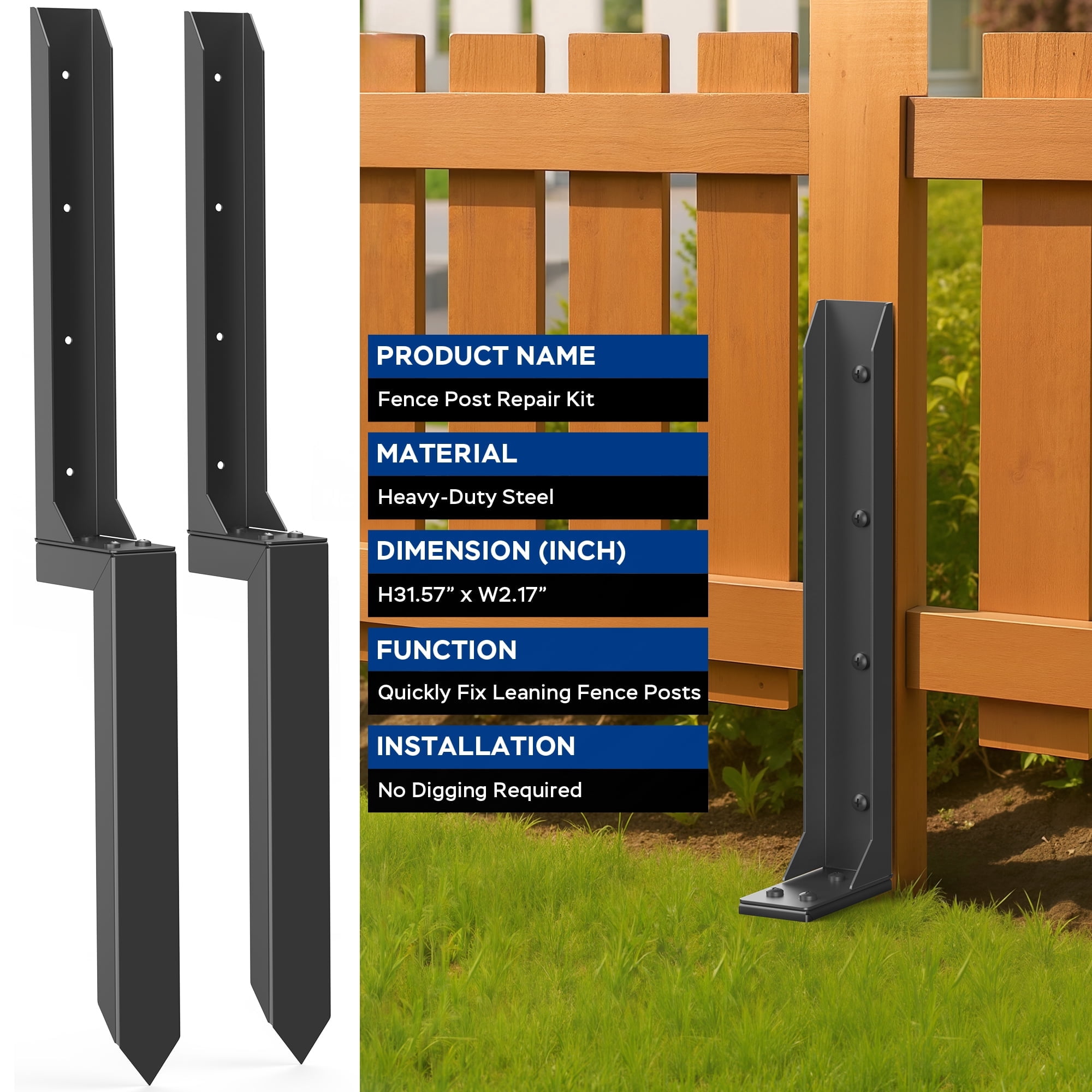 Fence Post Repair Kit, Heavy-Duty Steel Support Stakes for Stabilizing ...
