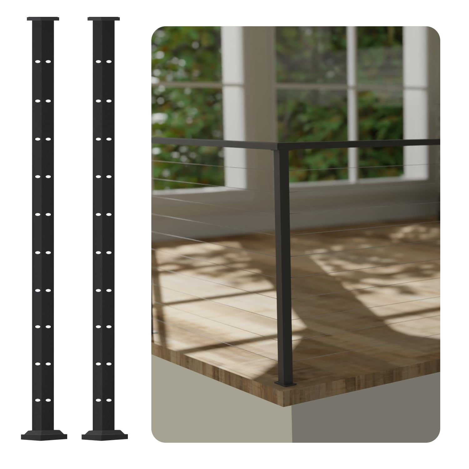 Fence & Rail Cable Railing Post Set, 2pcs Black Cable Railing Corner ...