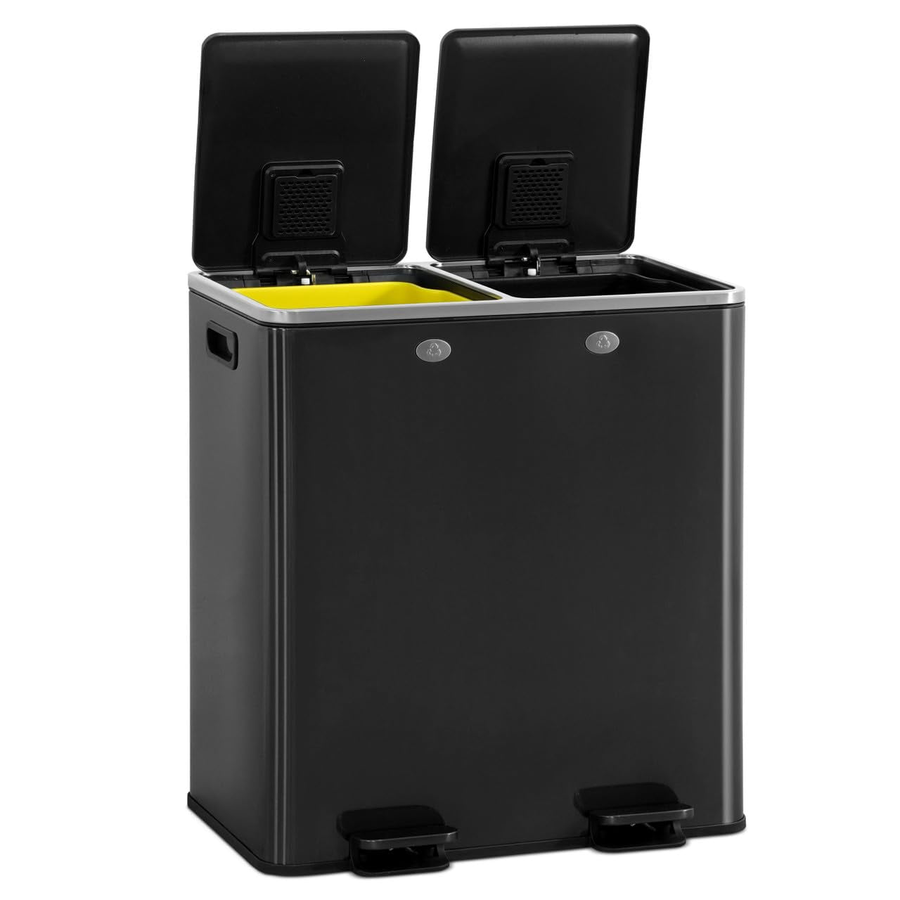 Fencer Wire 30L+30L Hands-Free Dual Compartment Black Trash Can with Double Lid, Stainless Steel ...